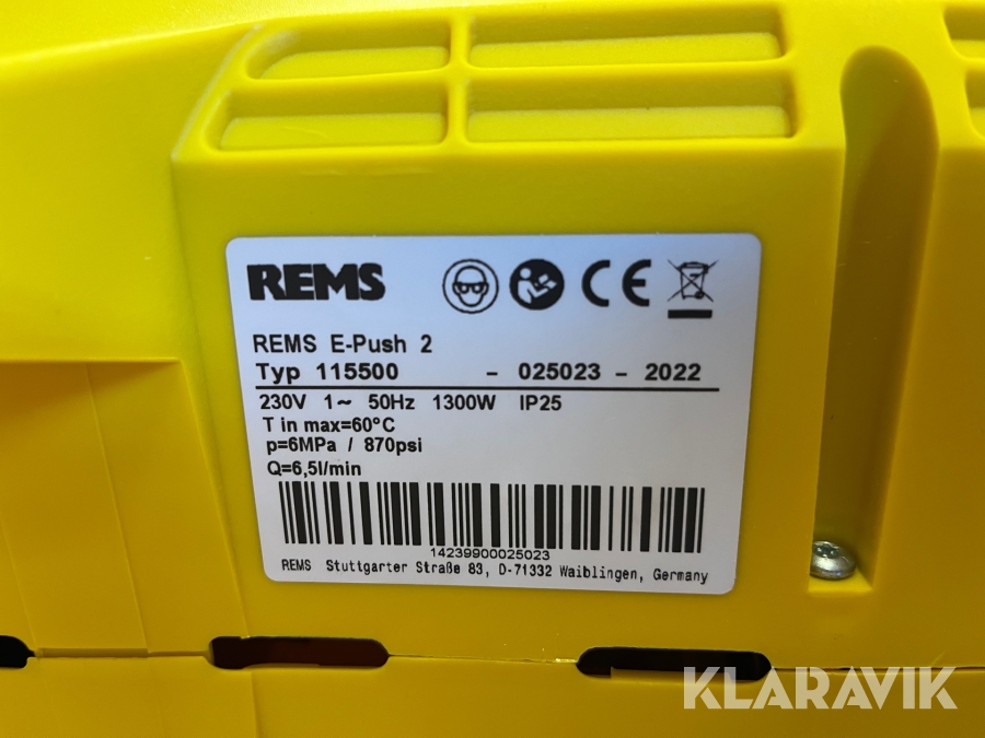 Trykpumpe Rems E-Push 2, Rebild, Klaravik auktioner