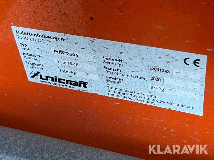 Palleløfter Unicraft 2500 kg, Esbjerg, Klaravik auktioner