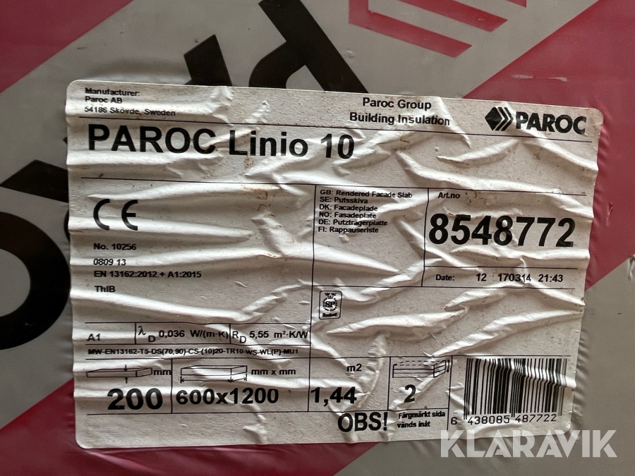 Isolering pladebatts Paroc, Aalborg, Klaravik auktioner