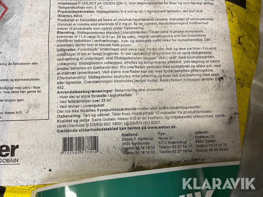 Slidlagsbeton Weber 42 poser, Viborg, Klaravik auktioner