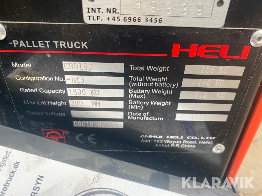 Palleløfter Heli CBD18J, Holbæk, Klaravik auktioner