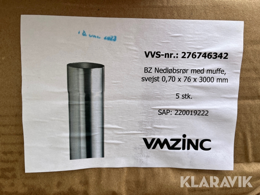 Afløbsrør Vmzinc BZ 76x0,7 mm, Rebild, Klaravik auktioner