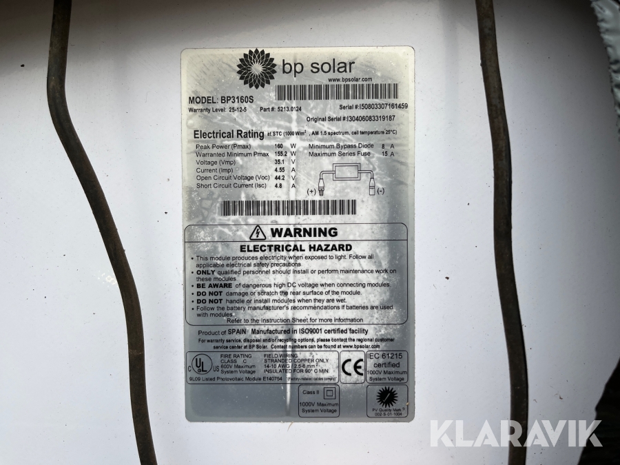 Solceller BP Solar BP3160S, Vejen, Klaravik auktioner