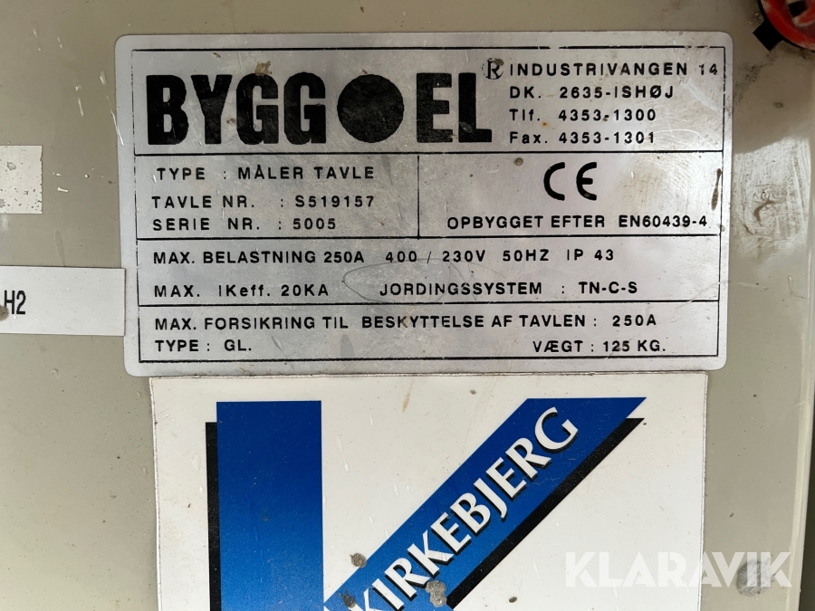 Eltavle 250A Byggel Målertavle, Holbæk, Klaravik auktioner