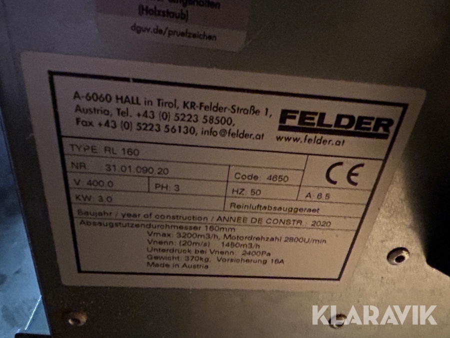 Udsugningssystem Felder Rl160, Vordingborg, Klaravik auktion